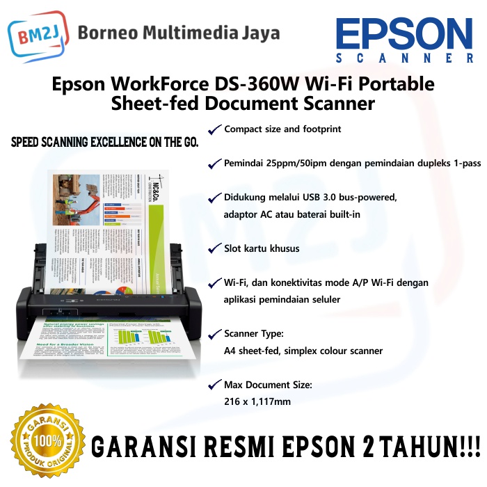 Jual Scanner Epson WorkForce DS-360W ( Wi-Fi Portable Sheet-fed ...