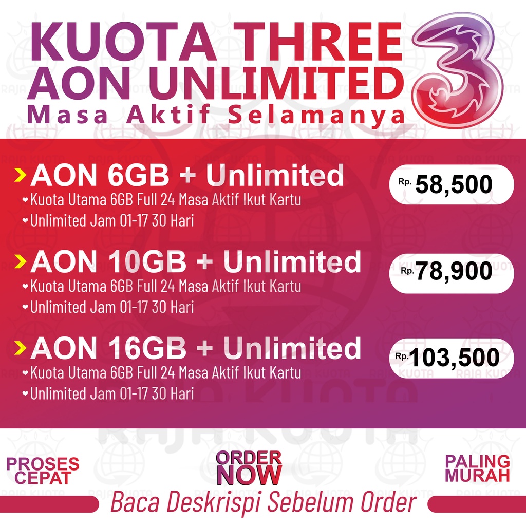 Jual Kuota Tri Three 3 AON Unlimited Masa Aktif Selamanya 6GB 10GB 16GB ...