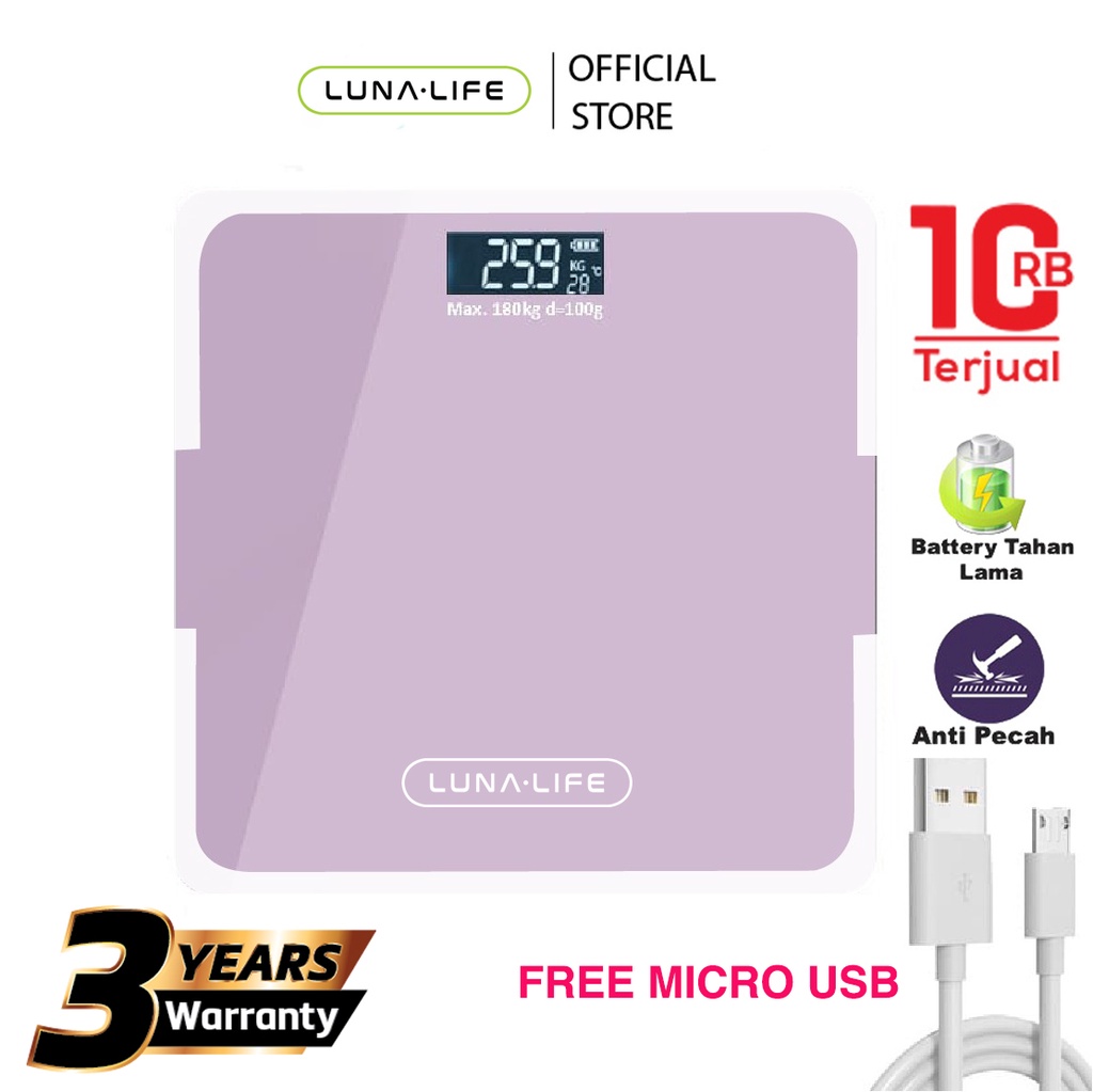 Jual LUNALIFE Timbangan Badan Digital 28cm With USB Charging Anti Pecah ...