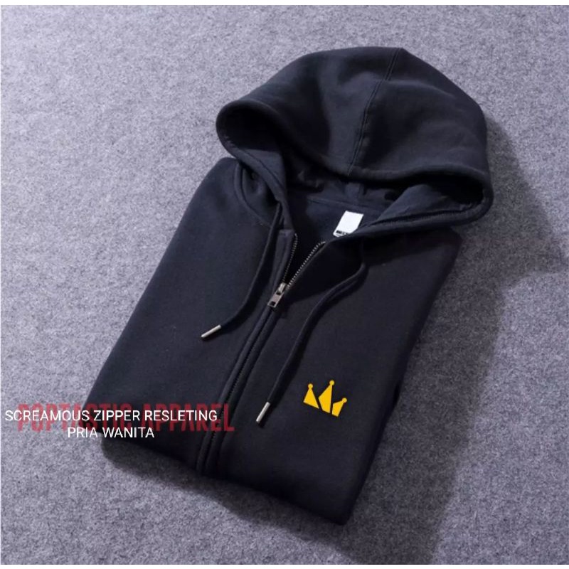 Jual SCREAMOUS Sweater Hoodie Zipper Resleting Pria Wanita Hitam Fleece ...