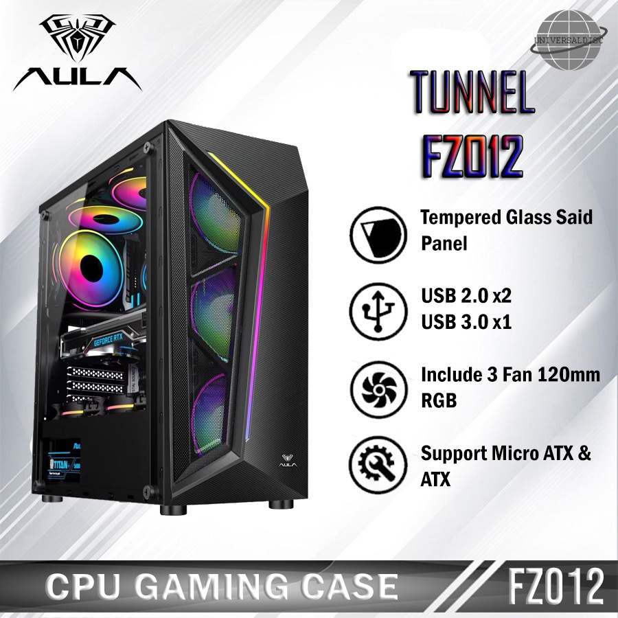 Jual Casing CPU PC Gaming AULA FZ012 Tunnel Micro ATX/ATX + 3 Fan RGB ...