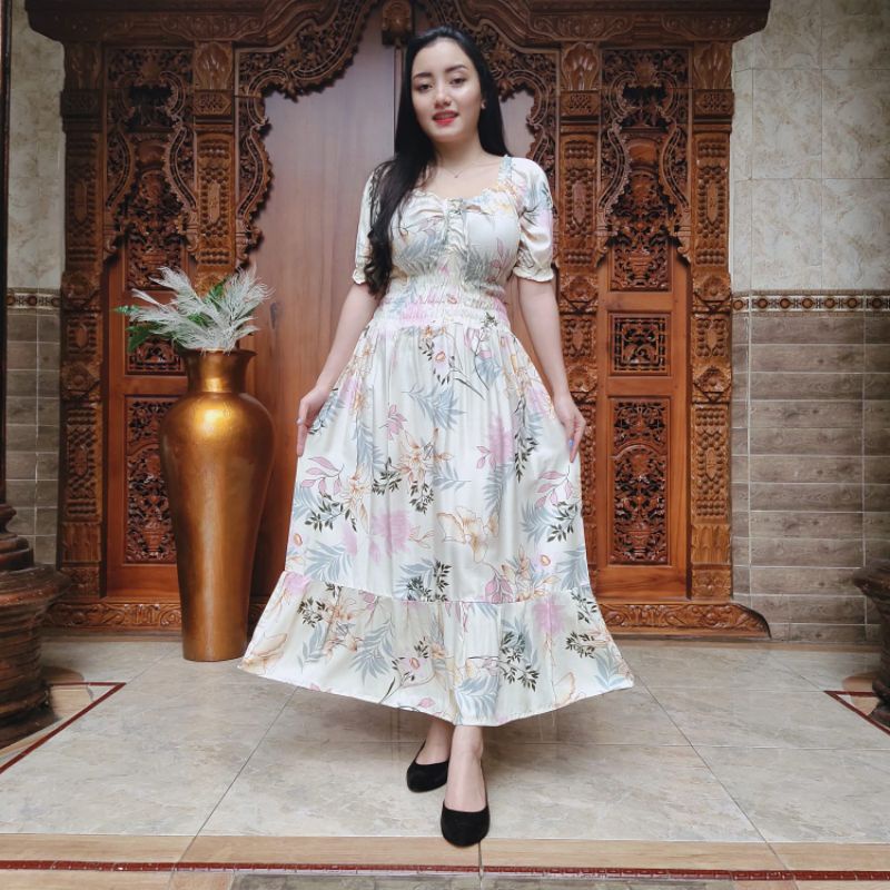 Jual Dress Daster Panjang Cassandra Motif Bunga Coconut Lengan Pendek ...