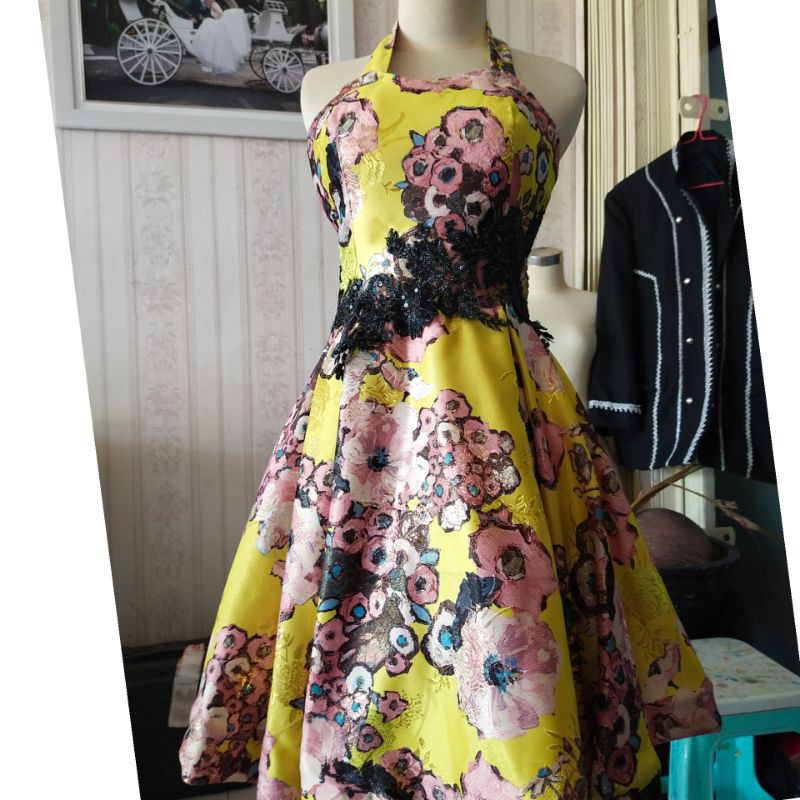 Jual Mini dress kuning corak bunga /mini dress party preloved | Shopee ...