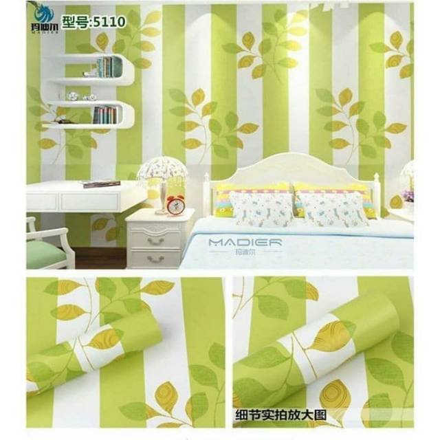 Jual Wallpaper dinding motif salur daun hijau kuning | Shopee Indonesia