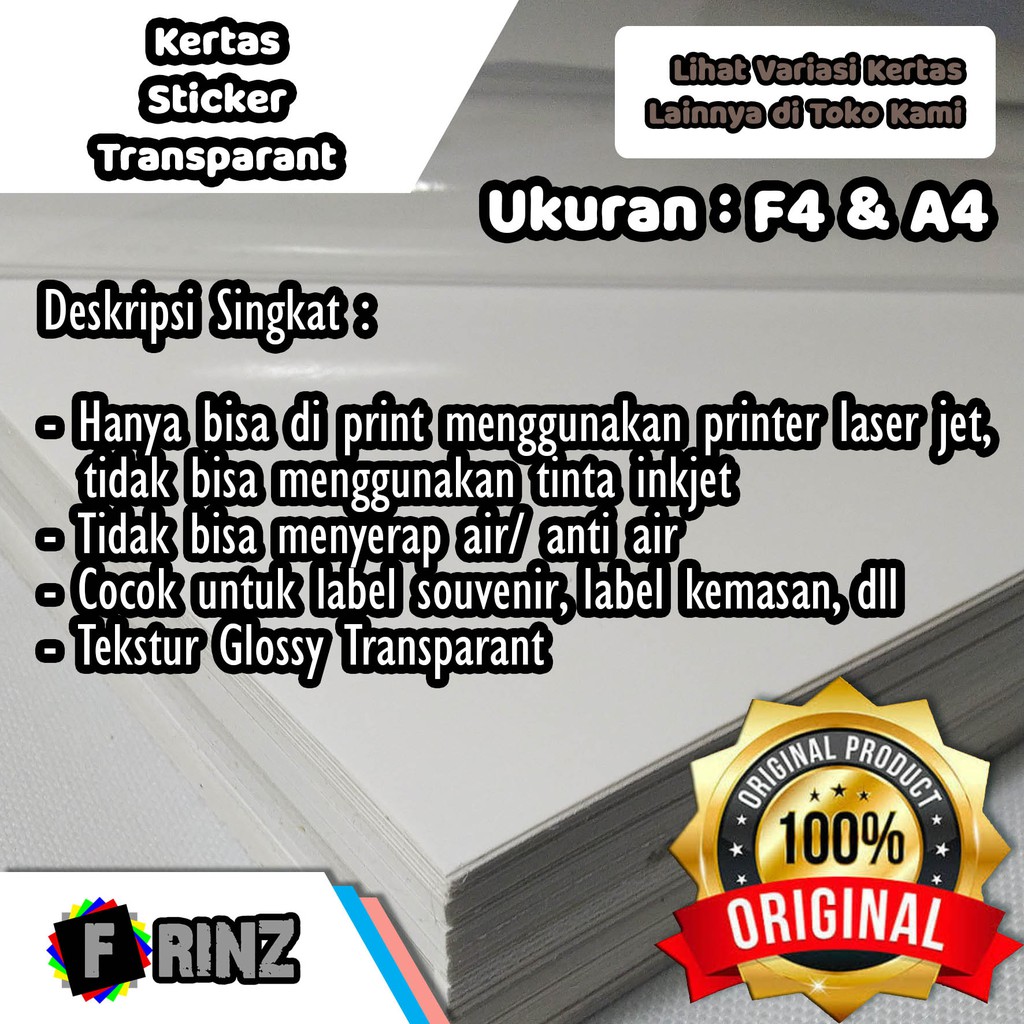 Jual Kertas Sticker Vinyl Transparant Glossy F4 A4 / Stiker Vinil Plastik Mengkilap Transpar ...