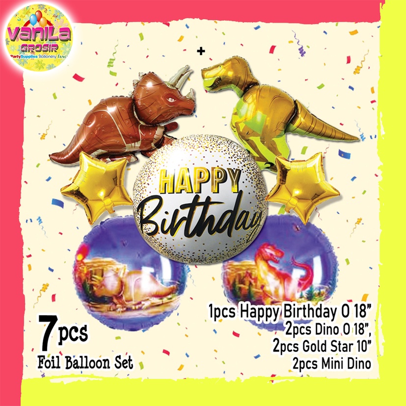 Jual (1Set isi 7Pcs) Balon foil set HBD karakter Dino Mini, balon foil ...