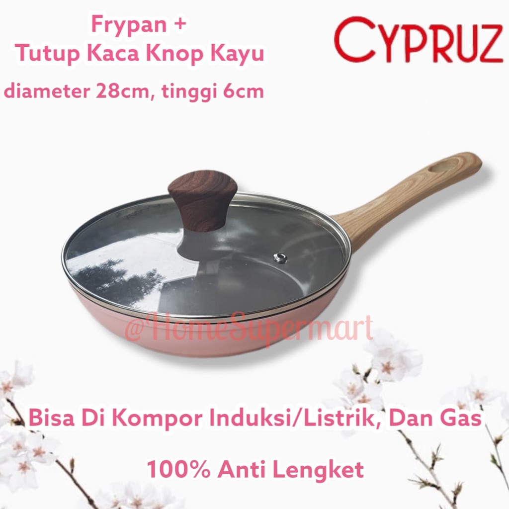 Jual Frying Pan 28cm Pink Termasuk Tutup Kaca Knop Kayu Anti Lengket 100% Bisa Kompor Induksi ...