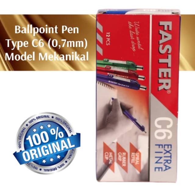 Jual BOLPEN FASTER C6, BALLPOINT PEN 0,7mm, MODEL CETEK MEKANIK, ASLI ...