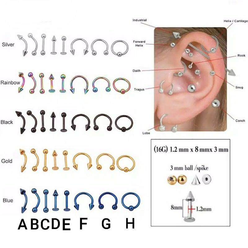 Jual PIERCING 1piece EARRING LOBE LABRET HELIX TRAGUS STAINLESS STEEL ...