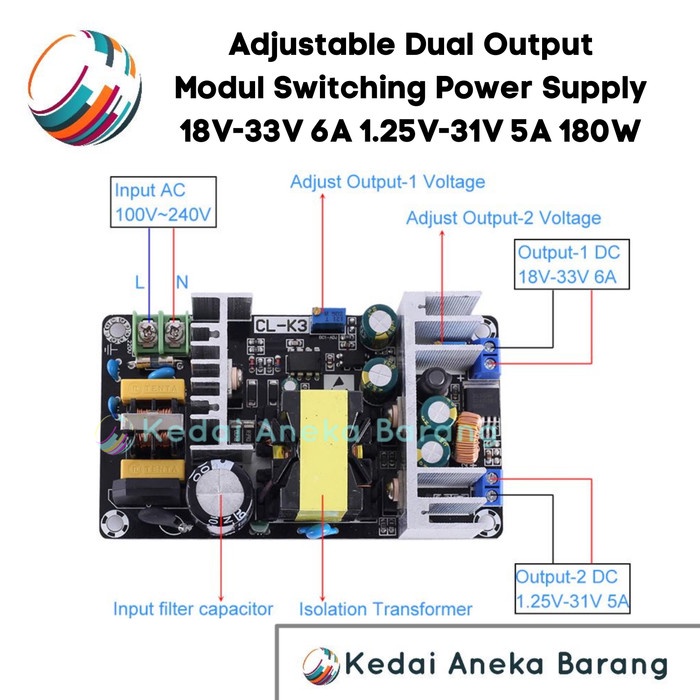 Jual Adjustable Dual Double Dobel Output Ganda Module Modul Switching Power Supply SMPS PSU 1.2V ...