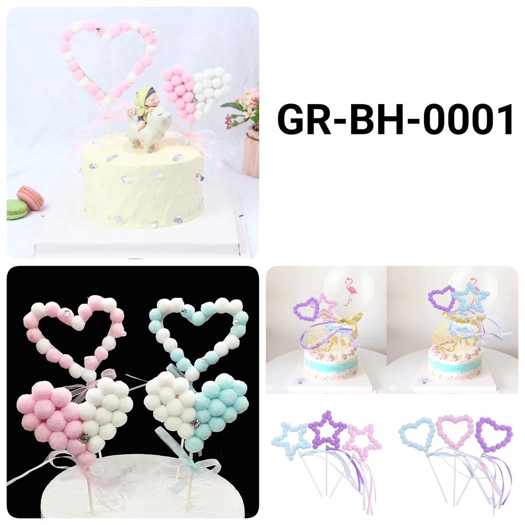Jual GR-BH-0001 Cake topper hiasan kue bola kapas hati awan pink biru ungu yamama baking ...