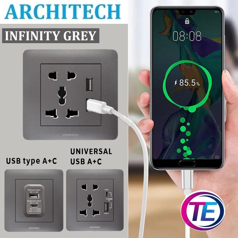 Jual ARCHITECH INFINITY GREY / SAKLAR USB / STOP KONTAK COLOKAN A63 NEW 2.3 | Shopee Indonesia