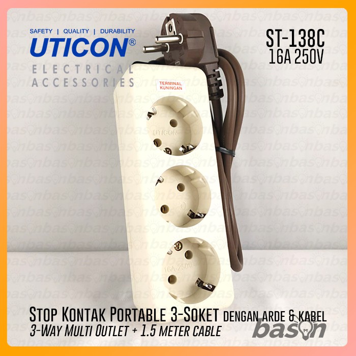 Jual UTICON ST138C Multi Outlet - Stop Kontak 3 Lubang Arde 1.5 Meter ...