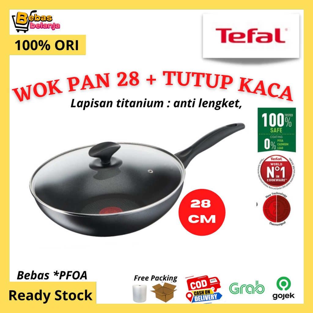 Jual tefal Cook & Clean wok pan 28 cm + tutup kaca wajan anti lengket | Shopee Indonesia