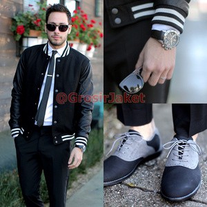 Jual Jaket Varsity/Baseball Polos Hitam + Kulit Imitasi | Shopee Indonesia