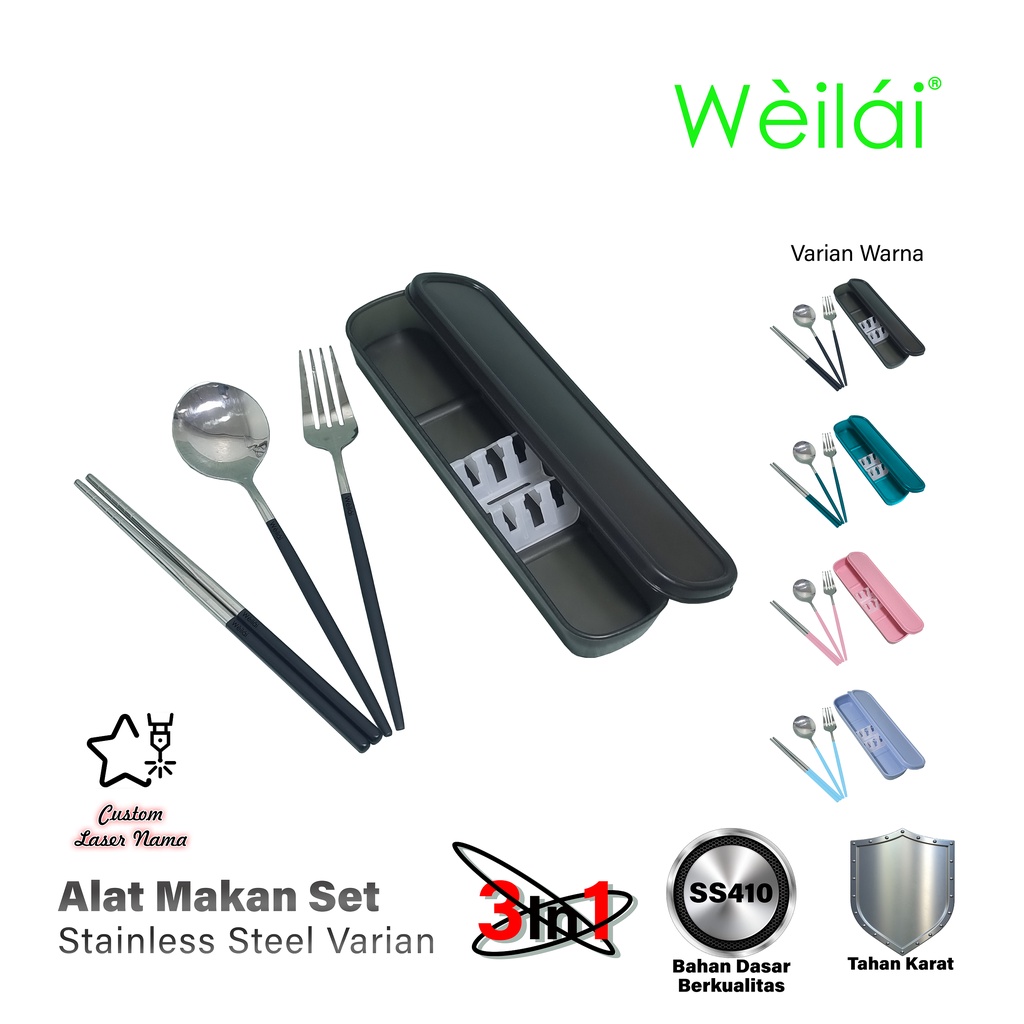 Jual Weilai Alat Makan Set Korea Stainless Steel 3 In 1 - Korean Cutlery Set Stainless - Sendok ...