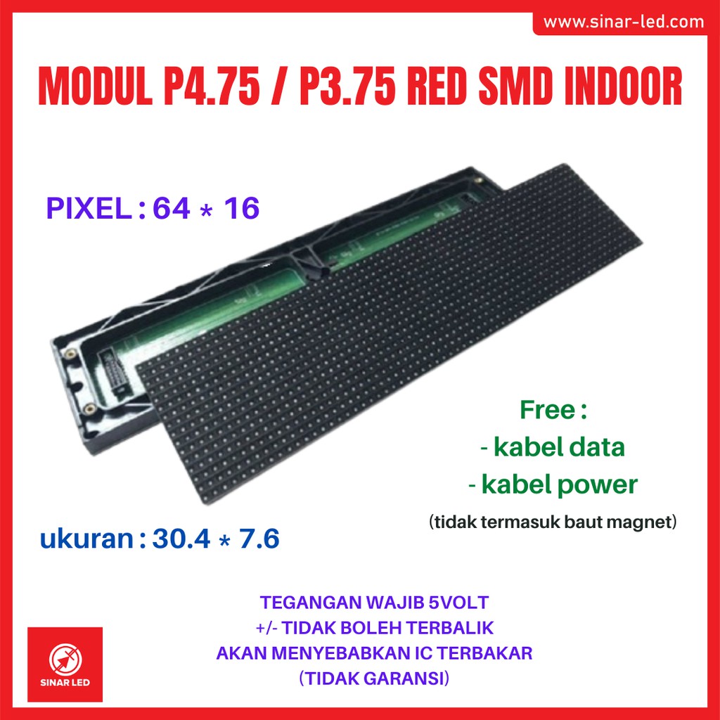 Jual Panel Module Modul LED P4.75 F3.75 64x16 Running Text SMD Red Merah Indoor Dot Matrix ...