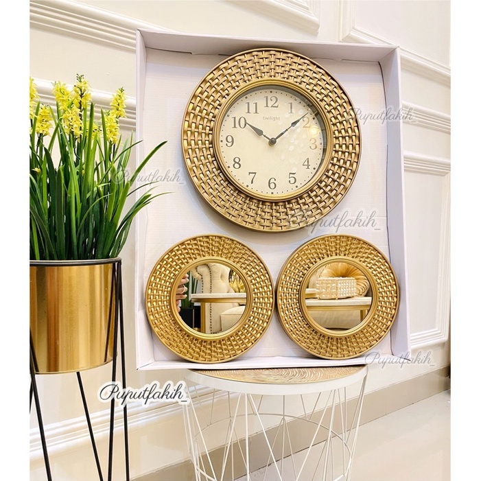 Jual jam dinding plus cermin set 3pcs sun / dekorasi ruangan dinding ...