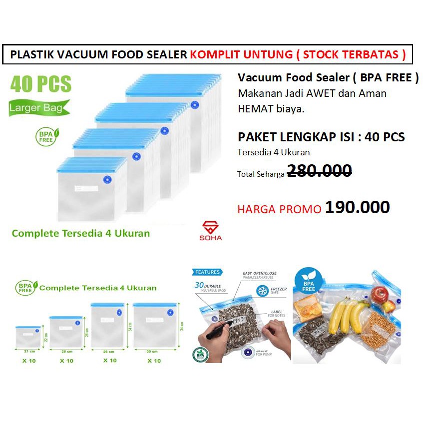 Jual PVM-001 40pcs Embossed Plastik Vacuum food Sealer Plastic Bag ...