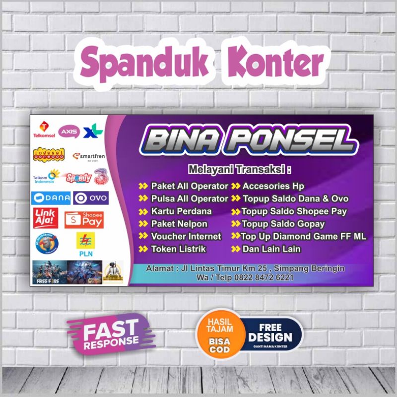 Jual Cetak Spanduk Baner konter pulsa / Service Hp /Loket pembayaran/ PLank Toko custom design ...