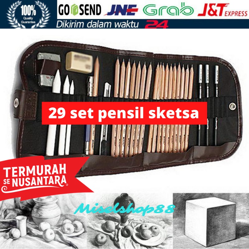 Jual set 29 pensil sketsa gambar sketch drawing pencil free pouch ...