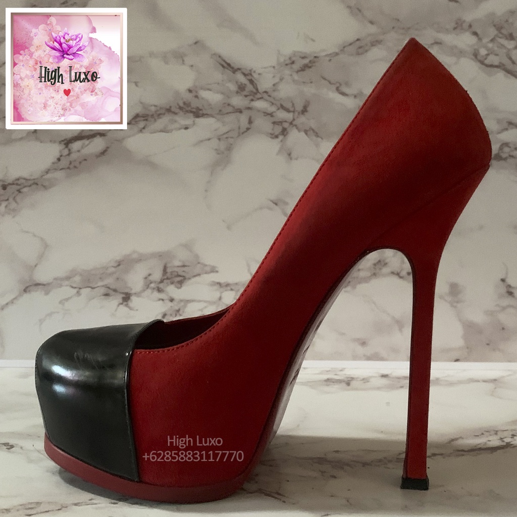 Jual YVES SAINT LAURENT YSL Red Suede Tribtoo Pumps Size 36.5 Black ...