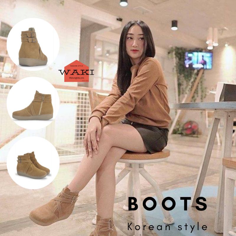 Jual WAKI Sepatu Boots Wanita coklat model Korean Style synthetic ...