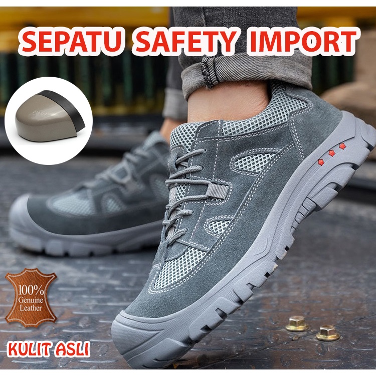 Jual Sepatu Pria Sneakers Safety Shoes LADERO Warna ABU Kulit Asli (Ujung Besi Anti Tusuk ...