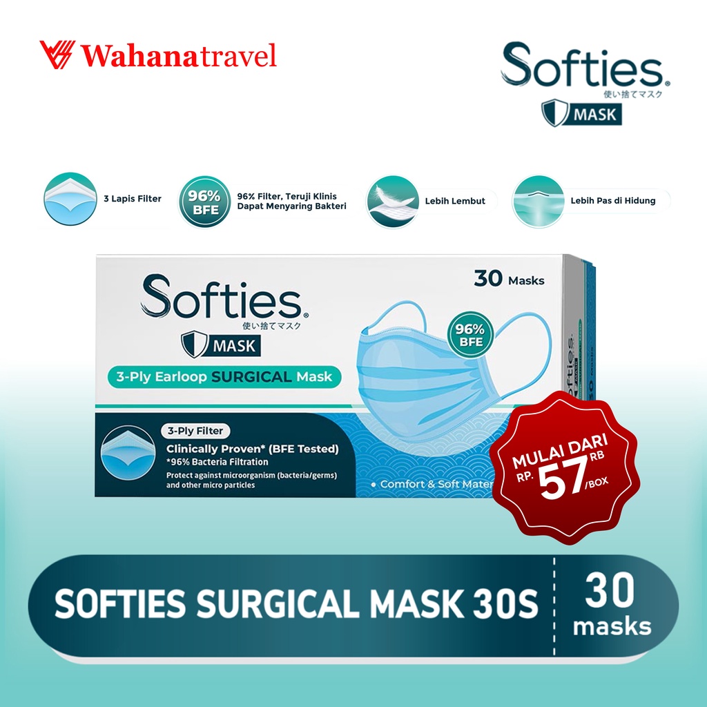 Jual Softies Surgical Mask Earloop 3 ply masker medis 30 Sheet | Shopee ...