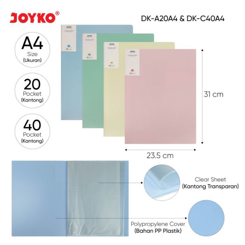 Jual DOCUMENT KEEPER DK A4 JOYKO PASTEL COLOR 20 DAN 40 POCKET | CLEAR ...
