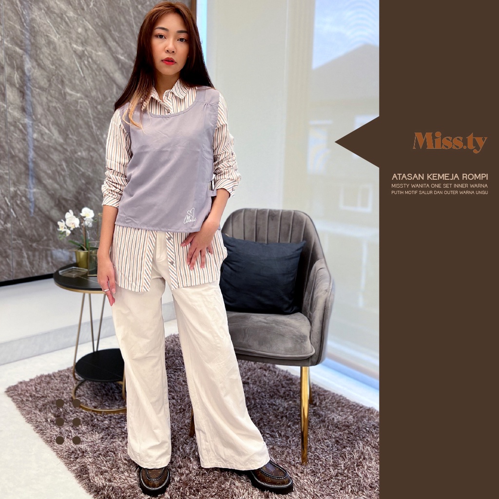 Jual Atasan Kemeja Rompi Missty One Set Inner Putih Motif Salur dan ...