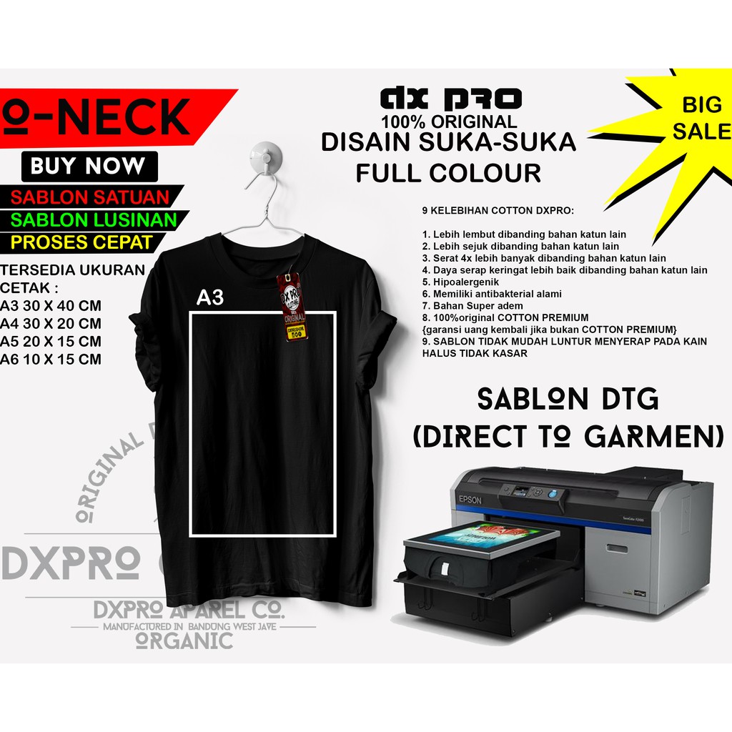 Jual Kaos Baju Sablon satuan ukuran A3 A4 A5 Custom DTF warna desain ...
