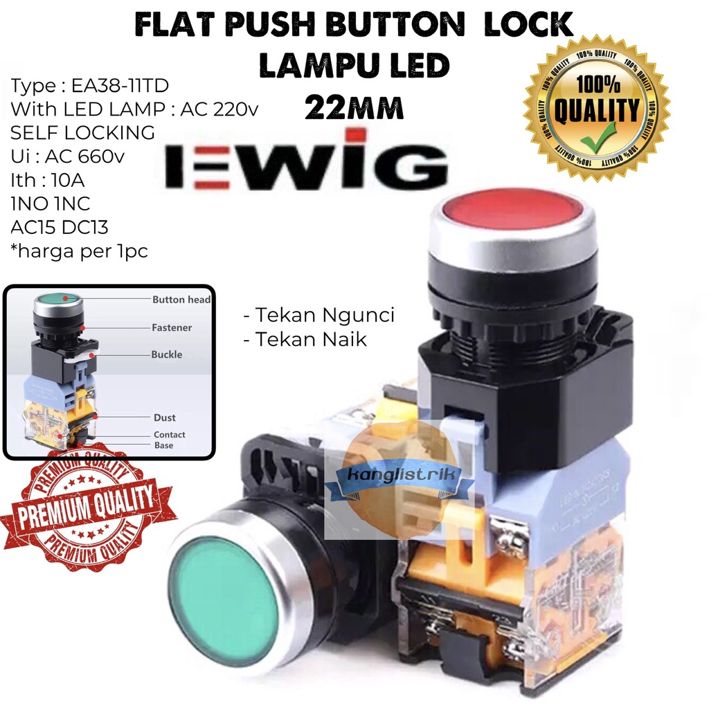 Jual PUSH BUTTON LAMPU LED LOCK ON OFF 22mm FLAT 10A 660V TYPE EA38 ...