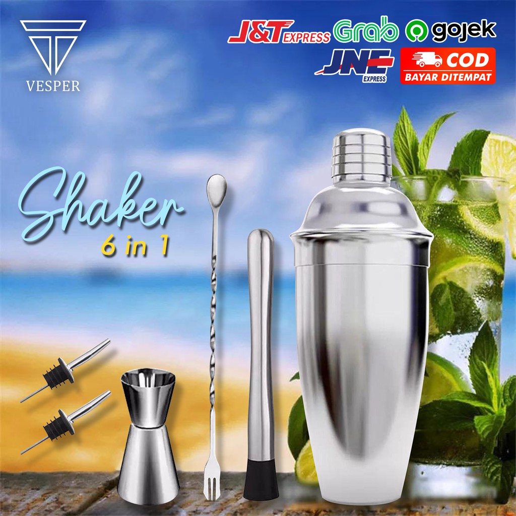 Jual paket shaker cocktail stainless 6in1 / barware bartender set / bar ...