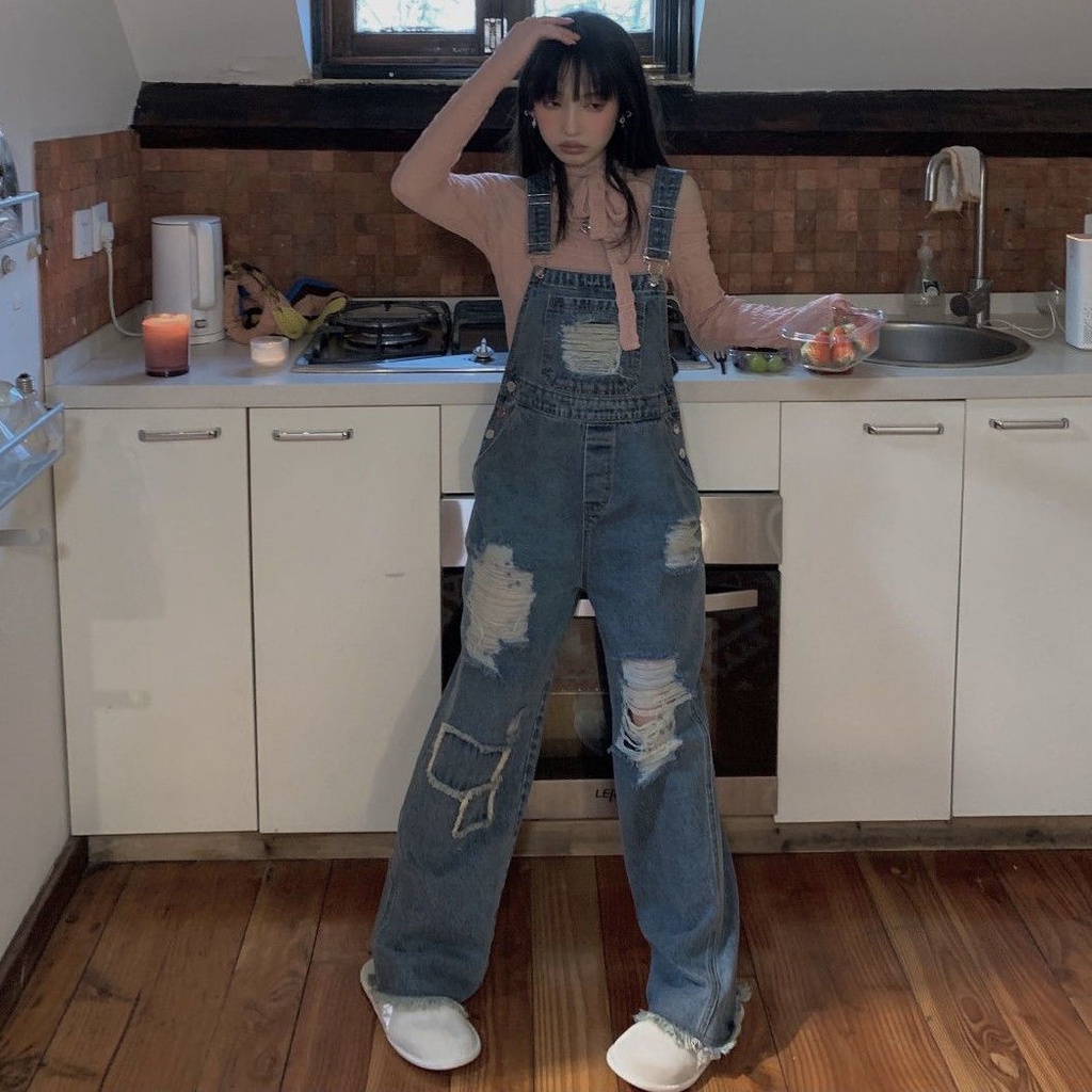 Jual Suhao vintage robek denim high-waist overall celana panjang wanita ...