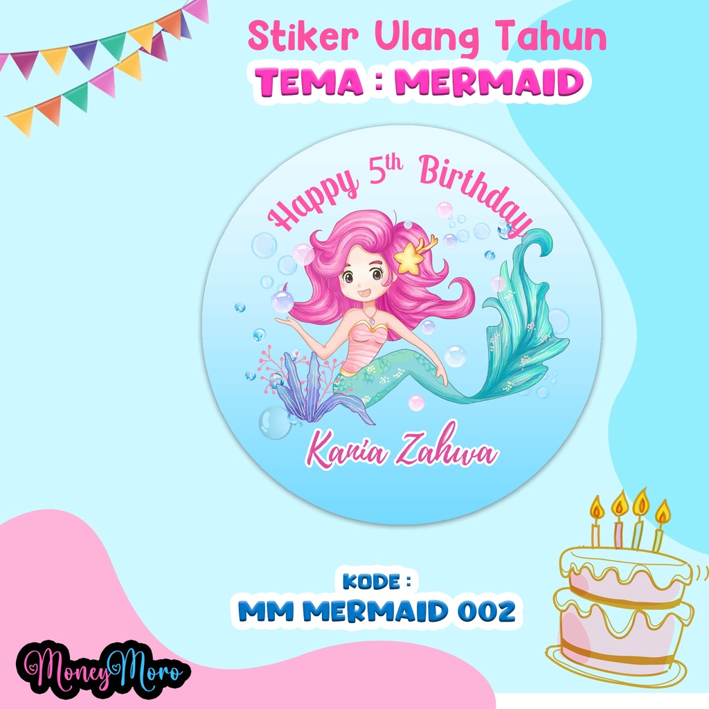 Jual MoneyMoro Stiker Ultah Ulang Tahun Mermaid / Label Birthday Custom ...