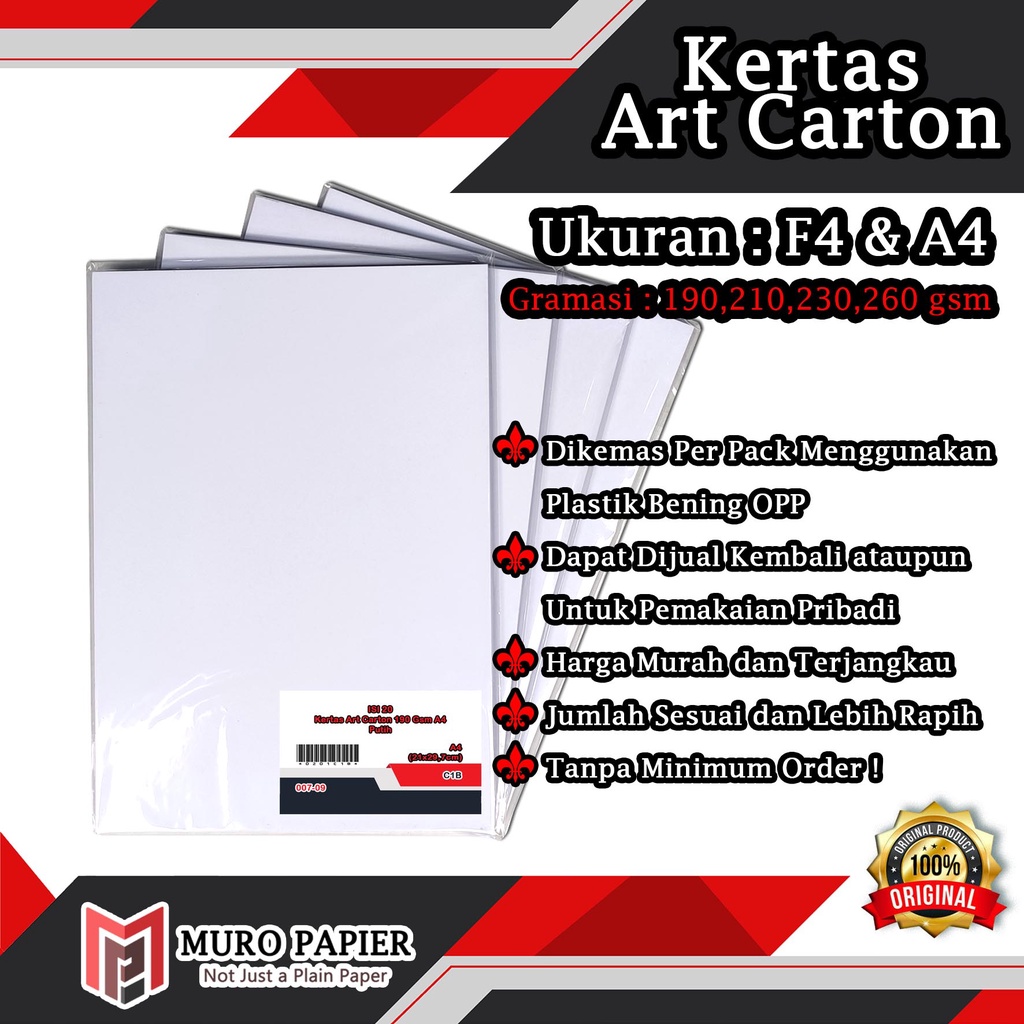 Jual ( PER PAK - ISI 20 ) Karton Art Carton 190 210 230 260 gsm F4 A4 ...