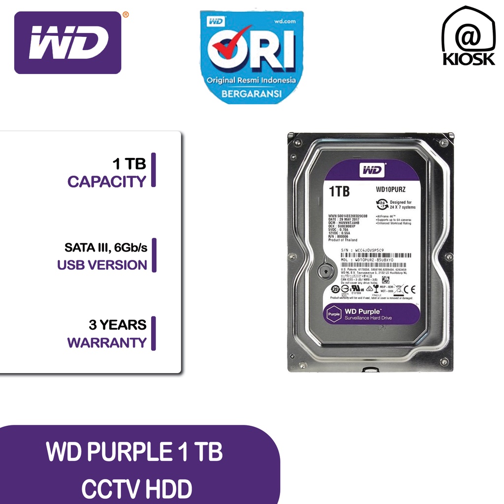 Jual WD Purple 1TB - CCTV HDD - Internal Hard Disk Surveillance - 3 ...