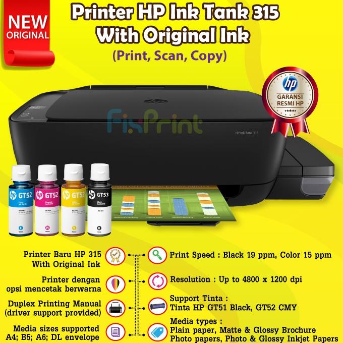 Jual Printer HP Ink Tank 315 Print Scan Copy All-in-One Color GT51 GT52 ...