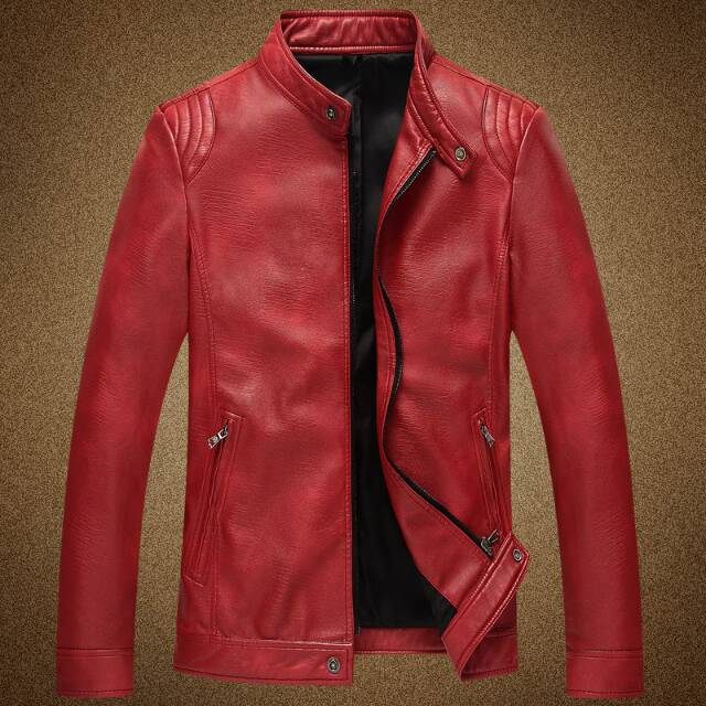 Jual Jaket semi kulit pria merah / red syntetic leather jacket for man ...