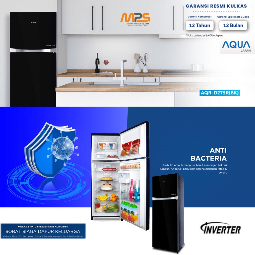 Jual Kulkas 2 Pintu Inverter Aqua Japan AQR-D275 - 220 Liter | Shopee Indonesia