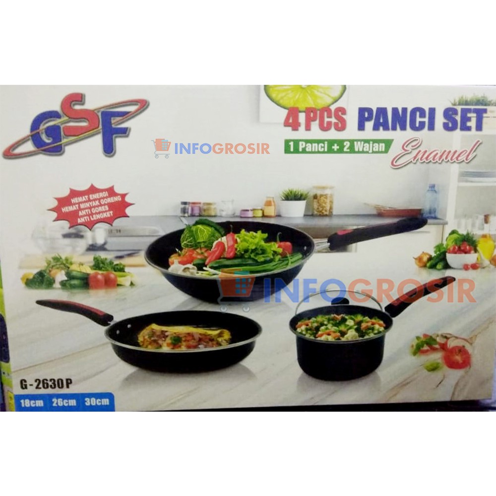 Jual Panci Set Enamel GSF G-2630 Frypan Tutup kaca Wajan Wok Dan ...