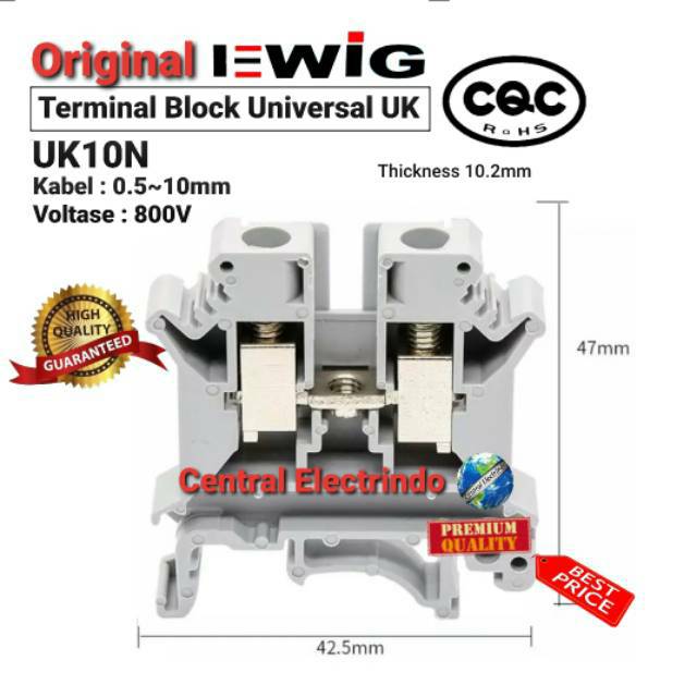 Jual Terminal Block Universal UK10N (0.5~10mm) 800V Din Rail EWIG ...