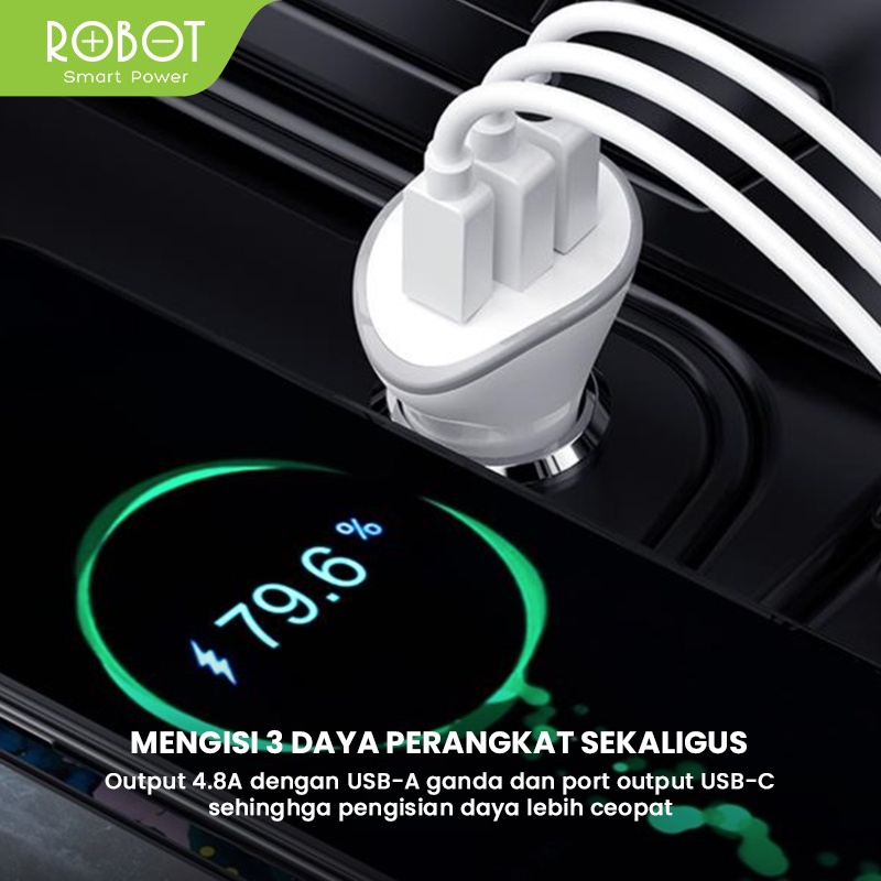 Jual ROBOT Car Charger 3 Port Fast Charging Mobil Type C Micro Adapter ...