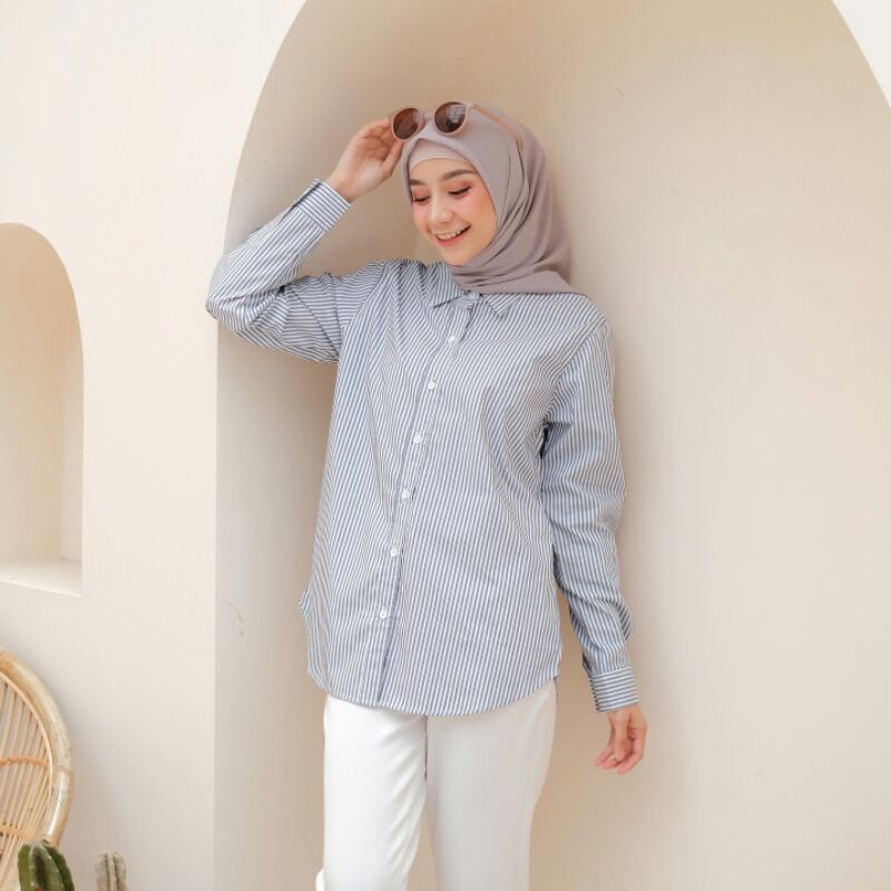 Jual Kemeja Salur Navy Wanita Baju Kantor Formal Kerja Cewek Katun Salur Halus kemeja stripe ...