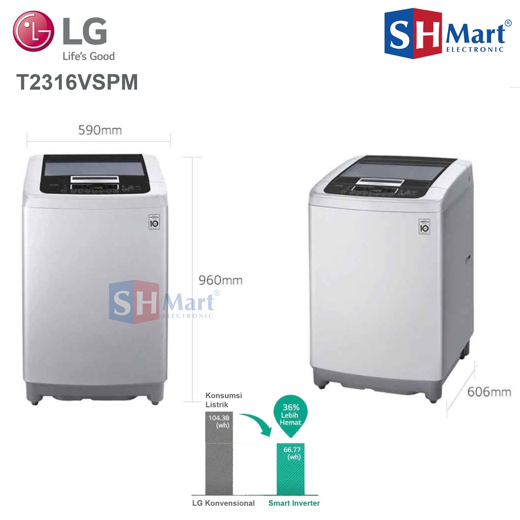 Jual MESIN CUCI LG 1 TABUNG TOP LOADING 16 KG T2516VSPM / 2516VSPM SMART INVERTER HEMAT LISTRIK ...