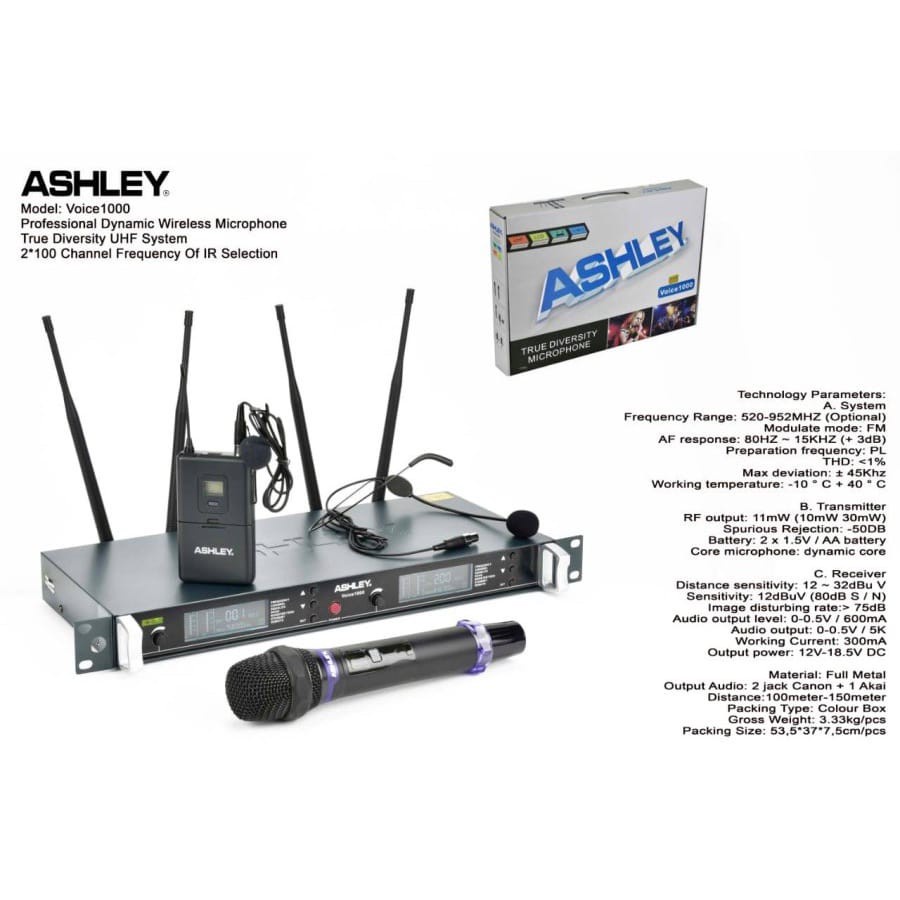Jual Mic Wireless Ashley Voice 1000 Pro UHF isi Pegang Headset Jepit ...