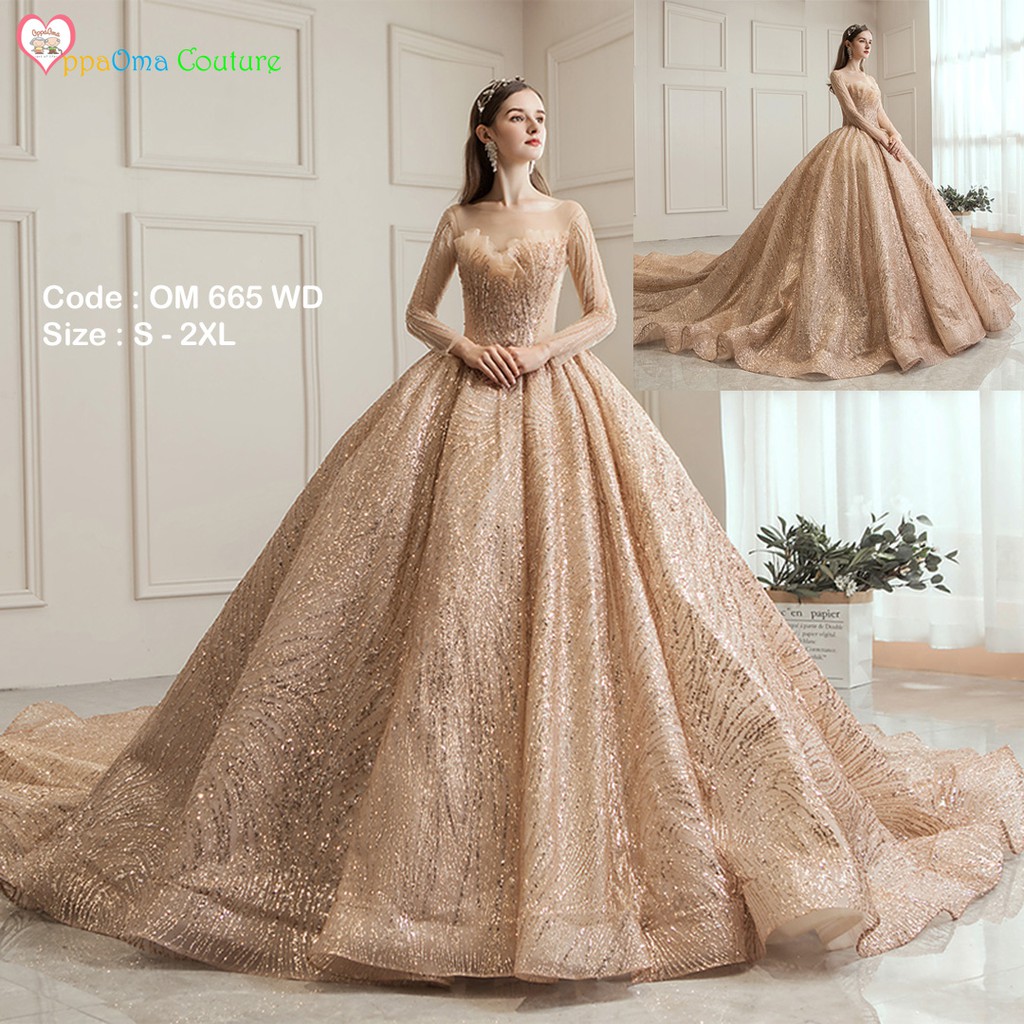 Jual Gaun pengantin emas ekor model putri kerajaan eropa OM 665 WD ...