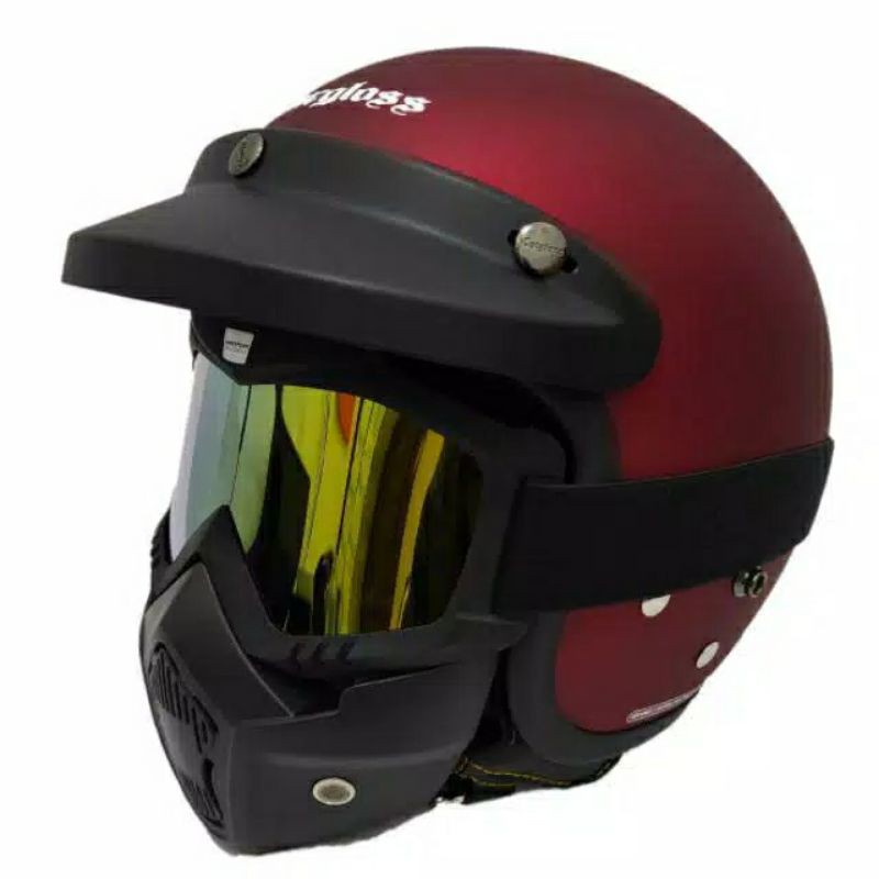 Jual Helm Bogo Cargloss Retro Original Maroon doff set Goggle mask ...