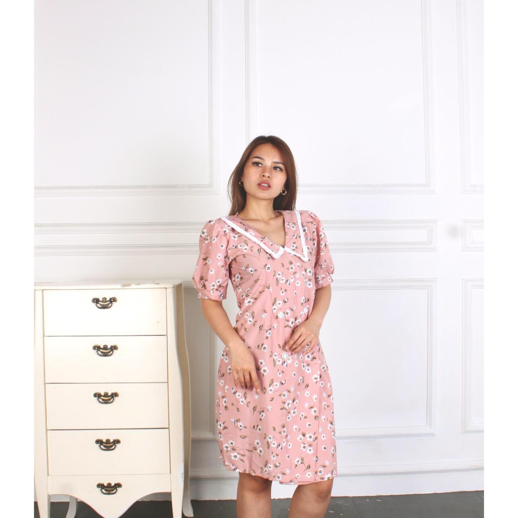 Jual BAJU KEKINIAN ALA KOREA LA0003 (Dress Bunga pink) | Shopee Indonesia